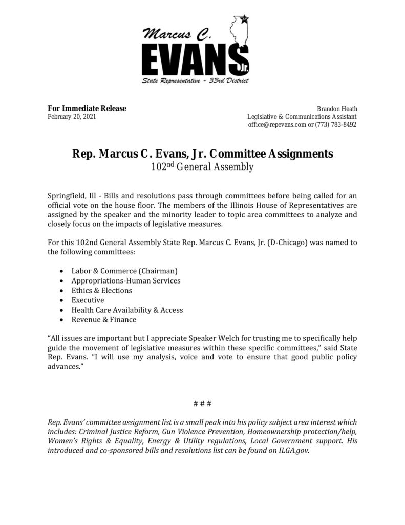 Rep. Evans 102 General Assembly Committee Assignments - State Rep ...