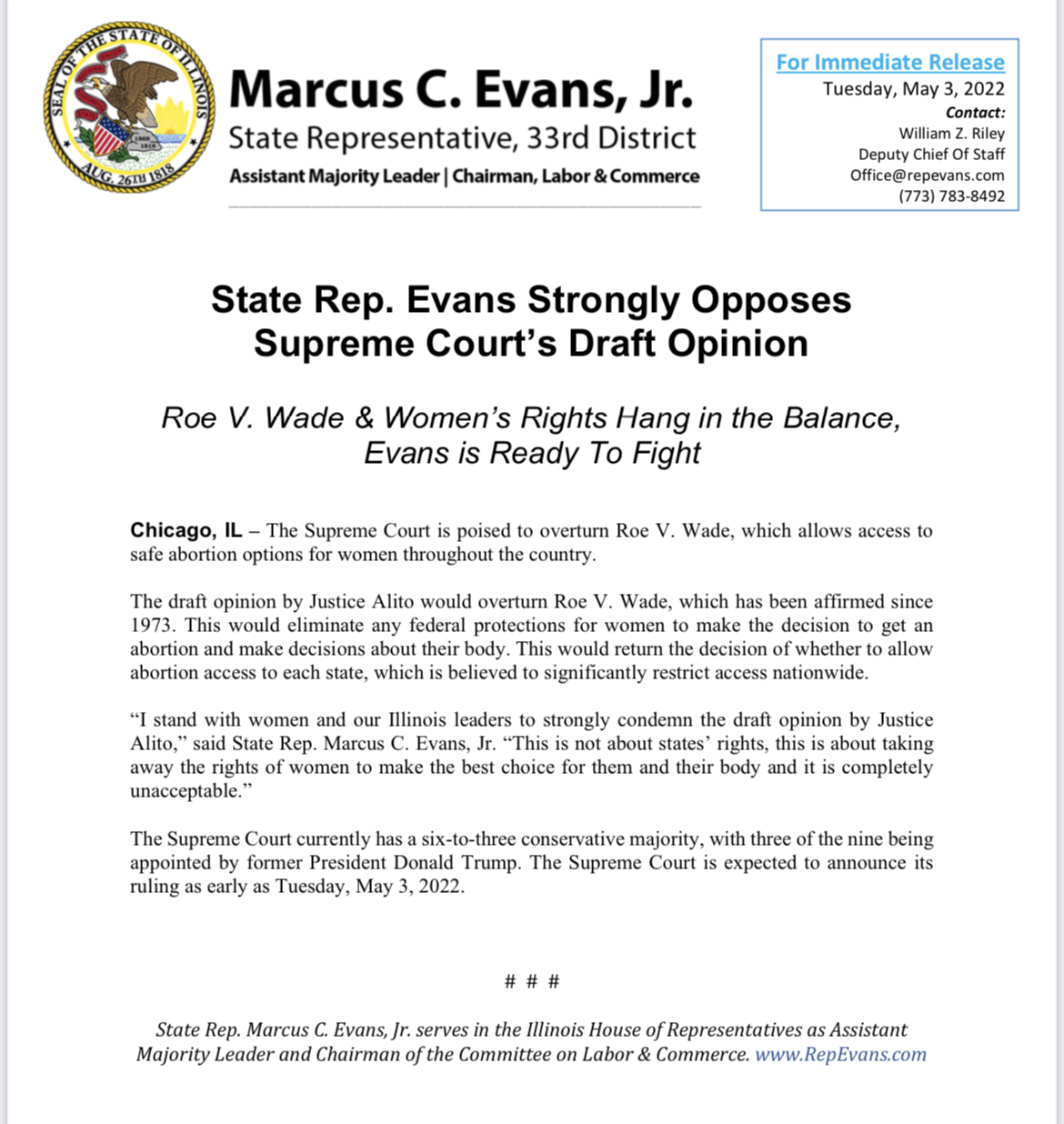Press Releases & Public Statements - State Rep Marcus Evans