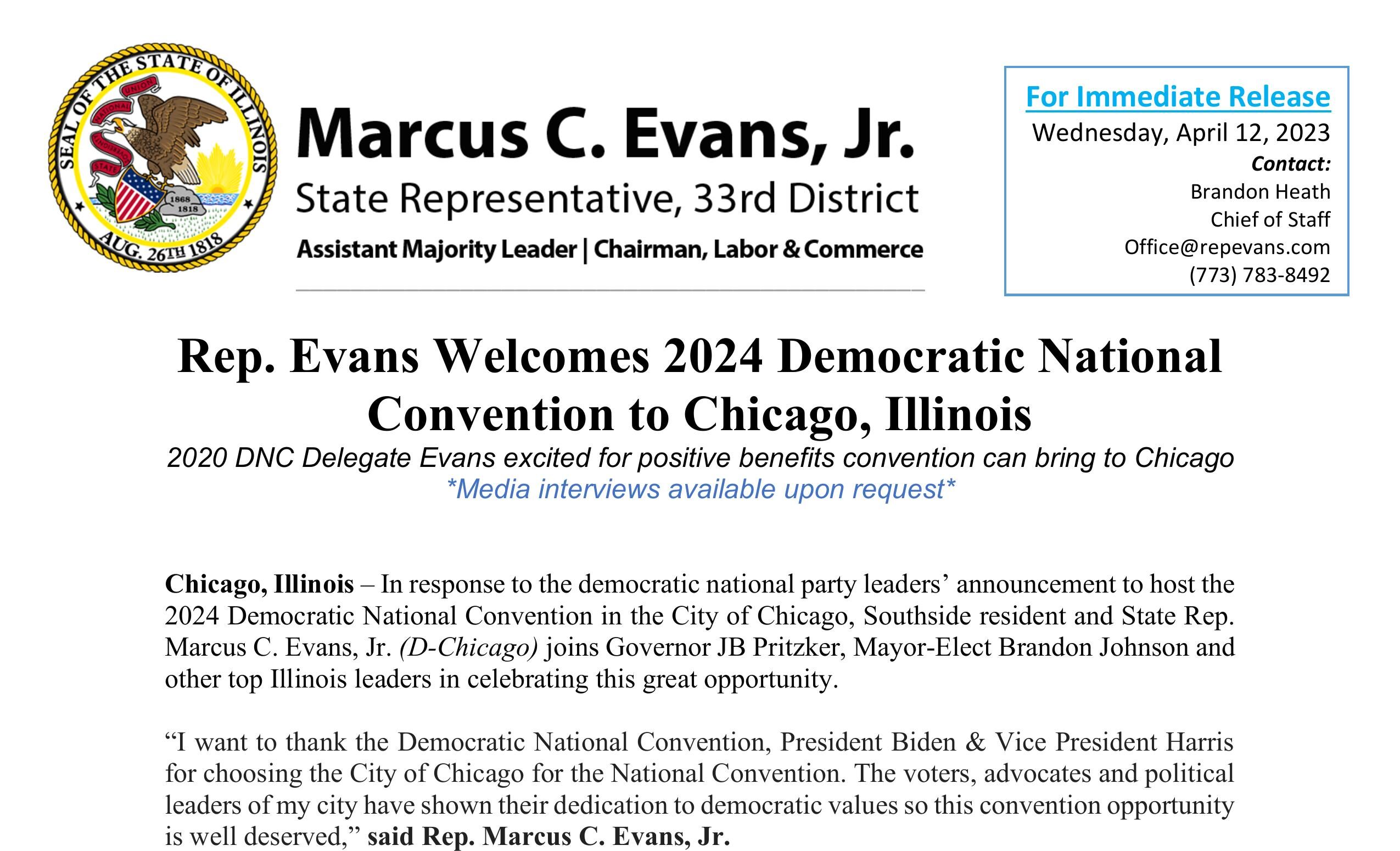 Rep. Evans Excited for Positive Benefits 2024 Democratic National ...
